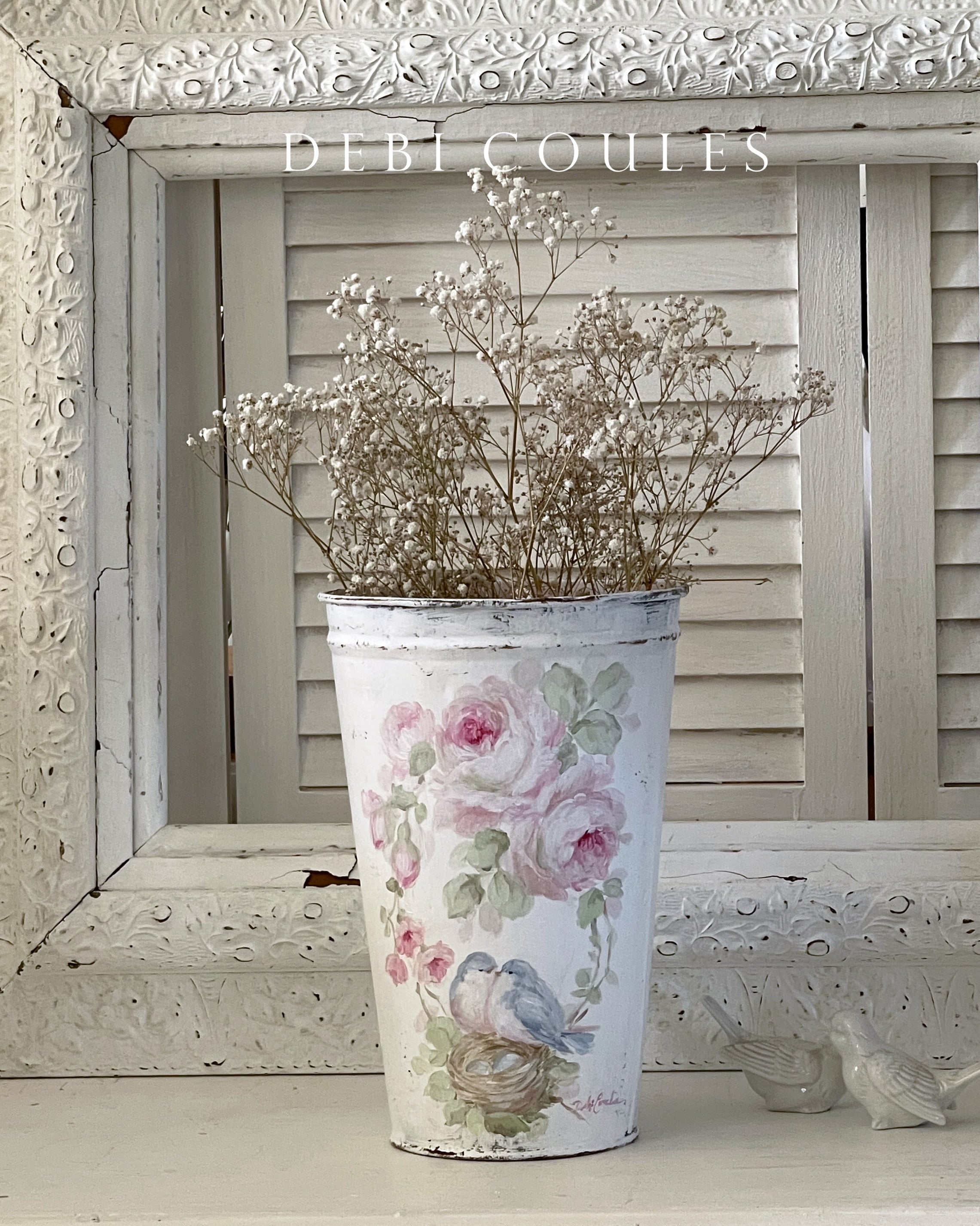 Shabby Chic Antique Floral Bucket With Bluebirds Nest and Roses Pink R ...