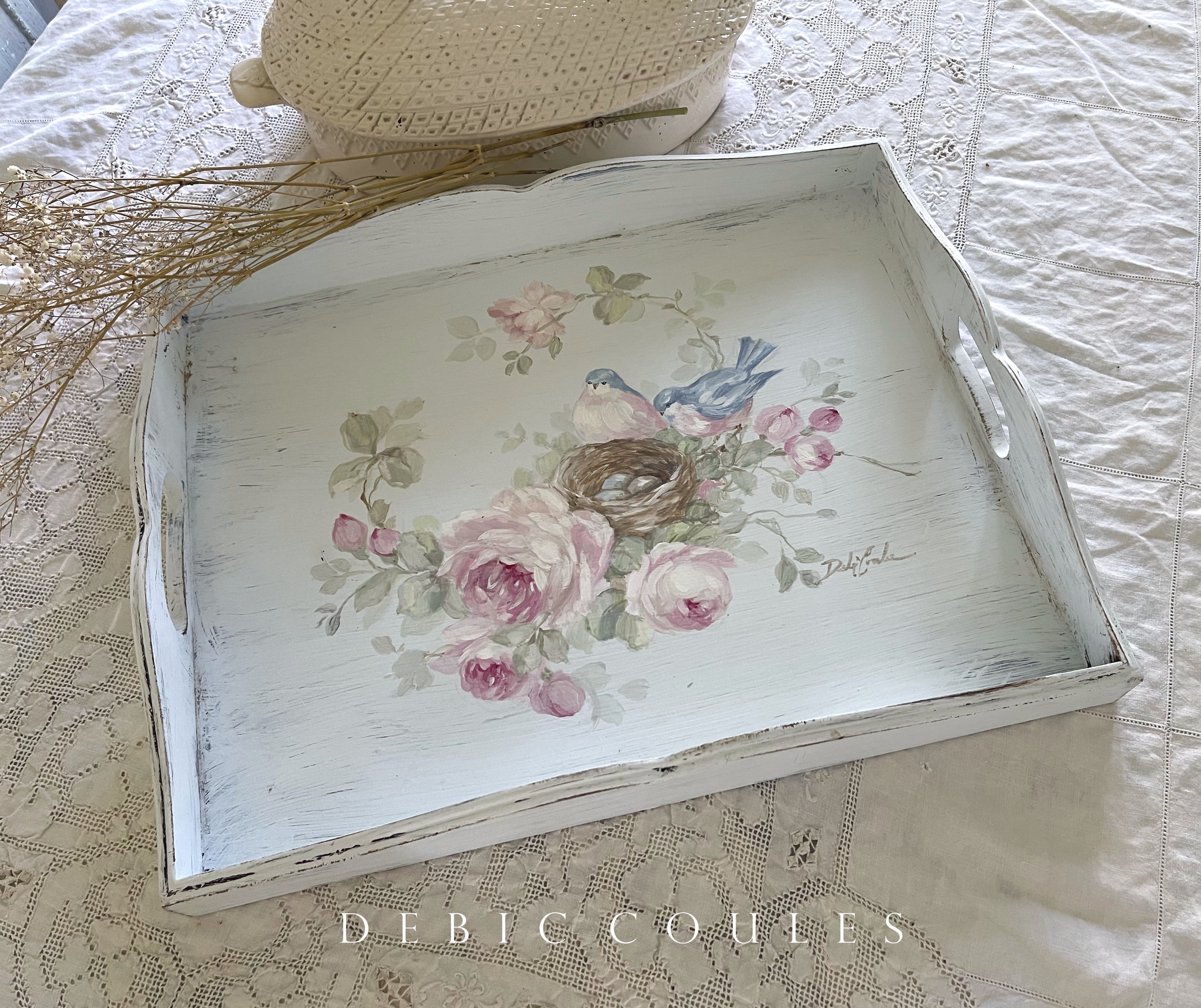 Vintage Large Wooden Tray Bluebirds Roses and Nest Original by Debi Co ...