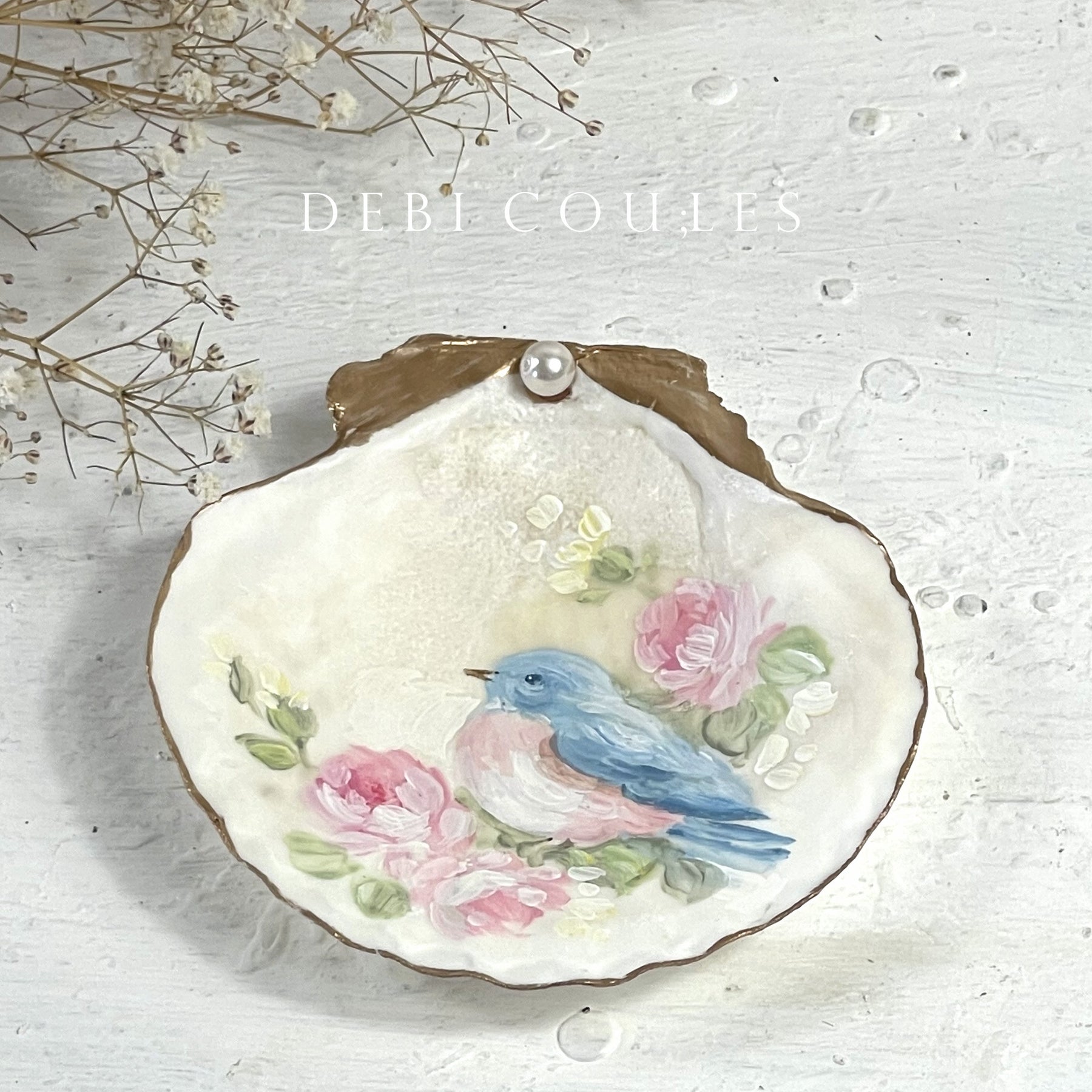 Hand Painted Shell with Bluebird and Roses Original by Debi Coules ...