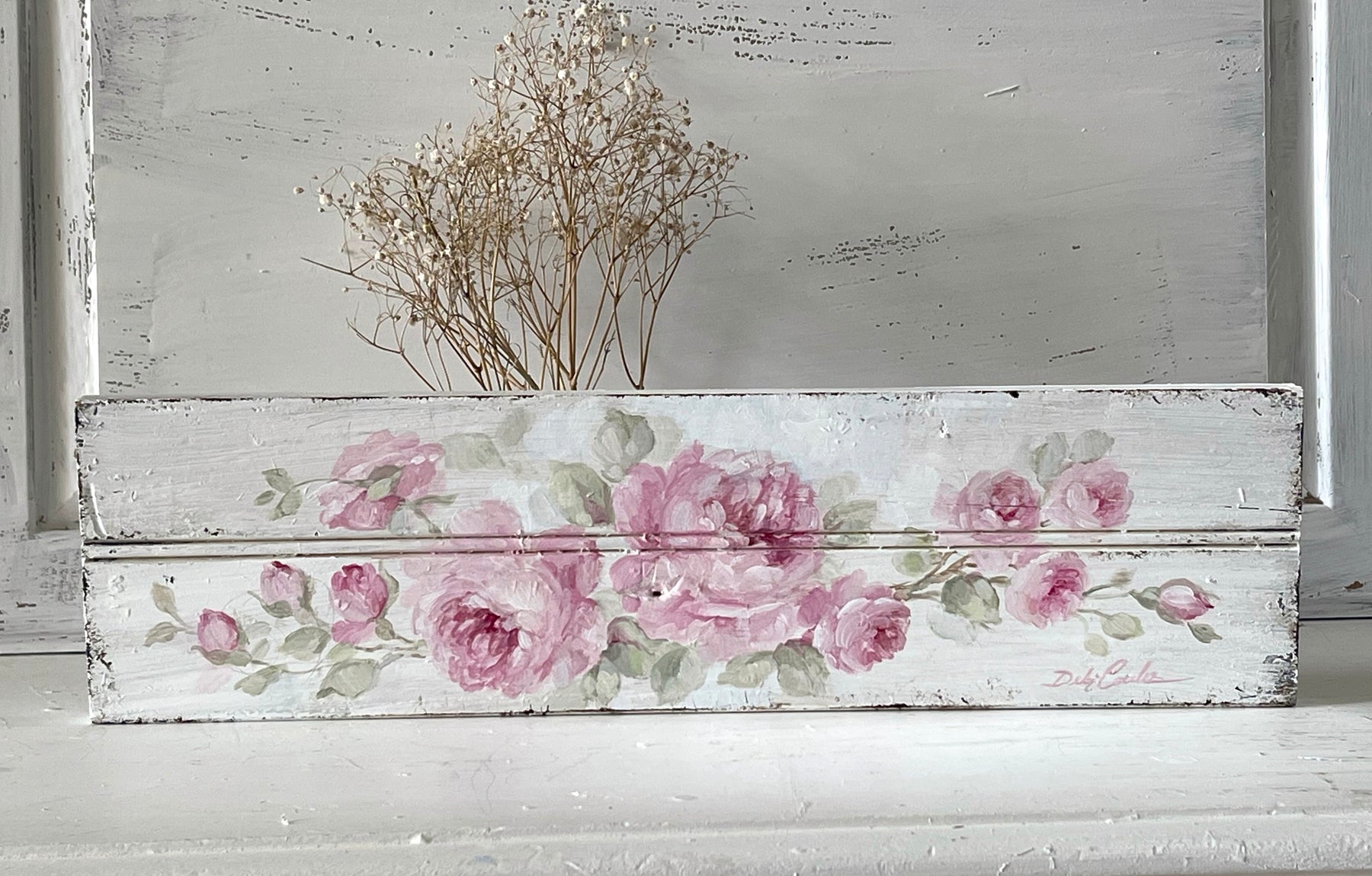 Shabby Chic Pink Roses Antique Wood Beadboard – Debi Coules Art