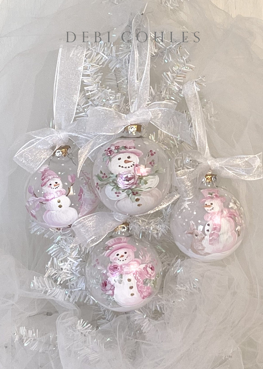 Hand-Painted Snowman with Bird’s Nest Glass Globe Ornament by Debi Cou ...