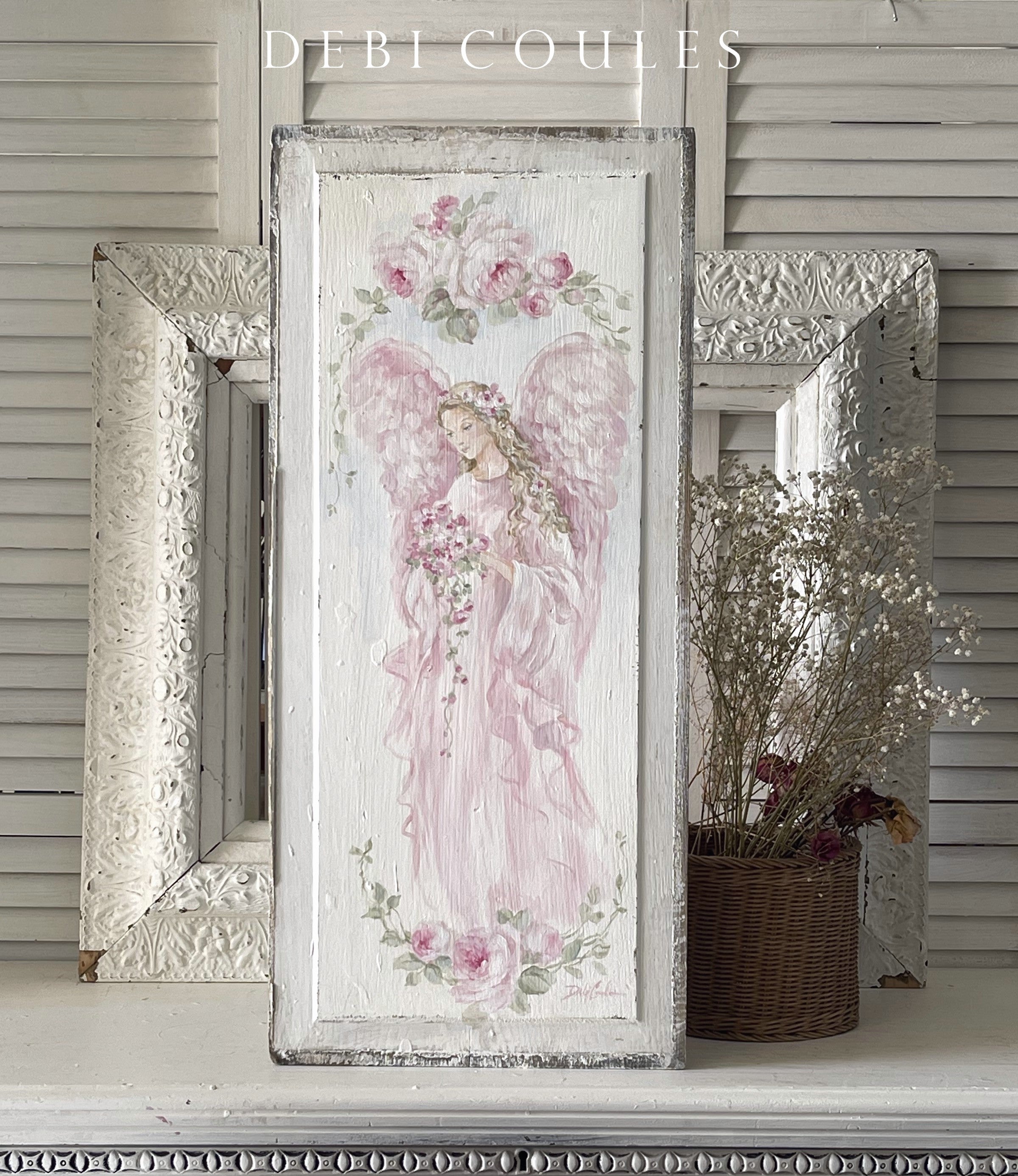 Shabby Chic Antique Large Wooden Panel Angel With Roses Hand Painted b ...