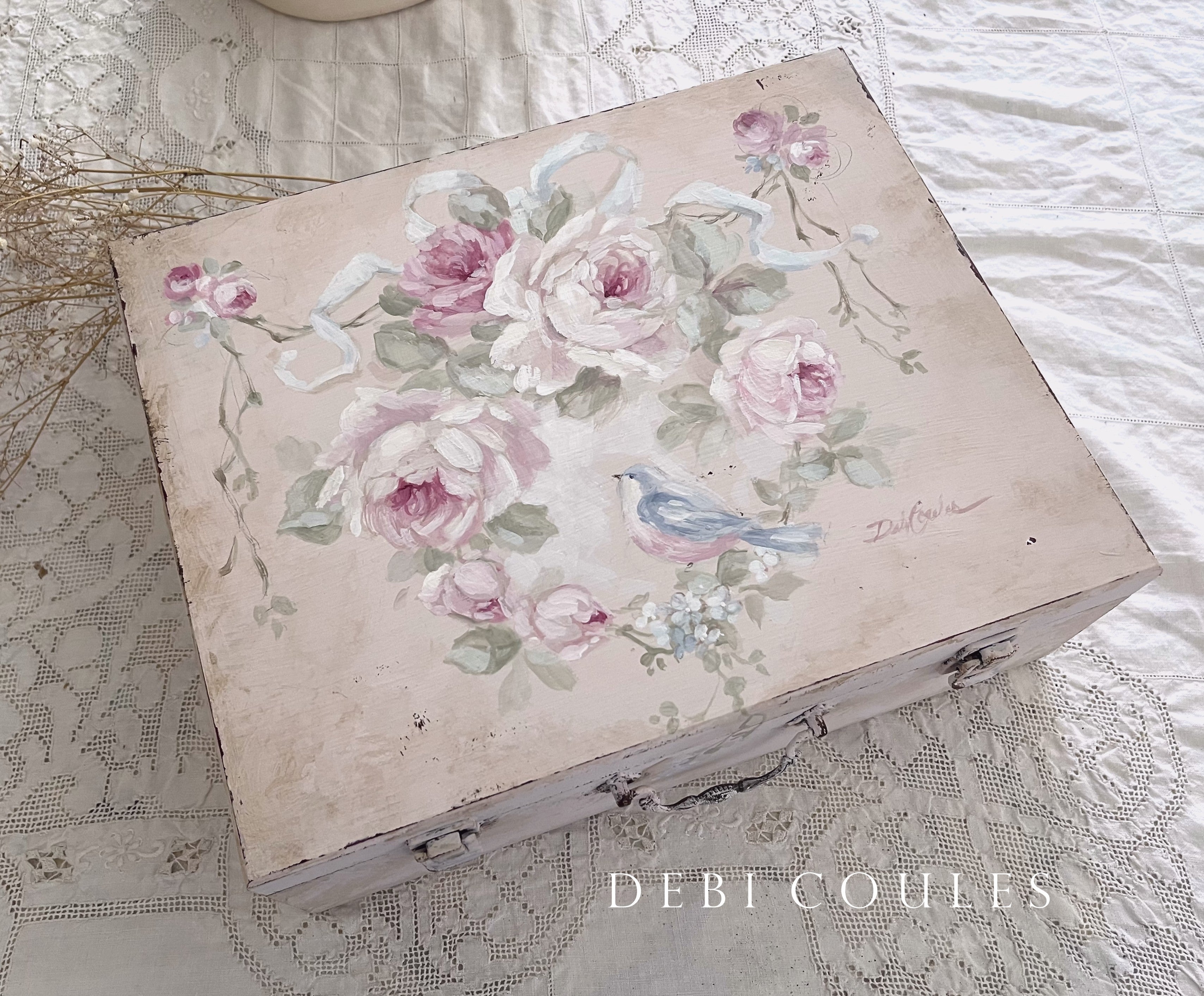Shabby Chic Vintage Style Bluebird and Roses Keepsake Box Original by ...