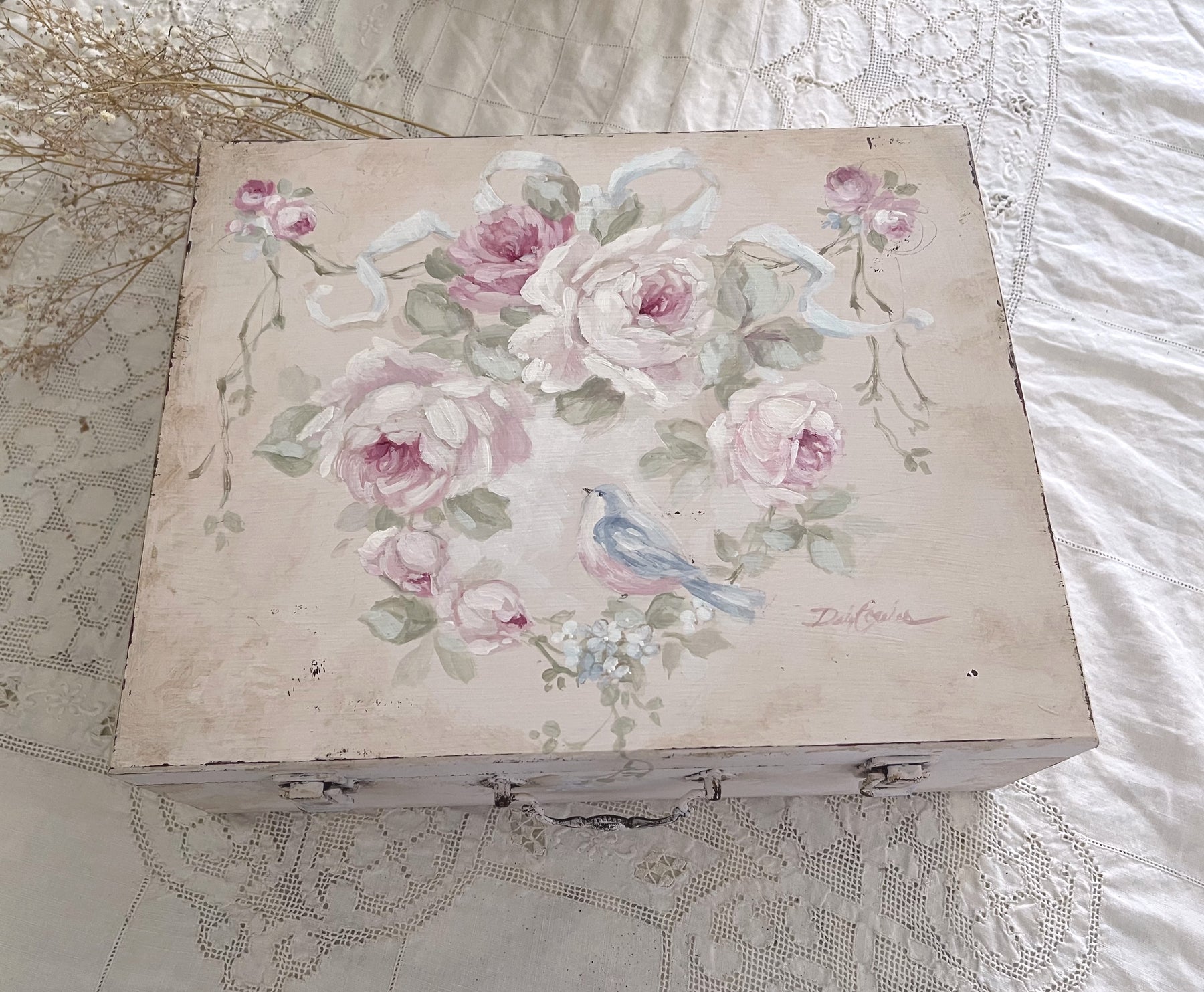 Shabby Chic Vintage Style Bluebird and Roses Keepsake Box Original by ...